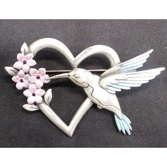 J&J | Jewelry | Vintage Jj Pewter Hummingbird Heart Flower Silver Blue ...